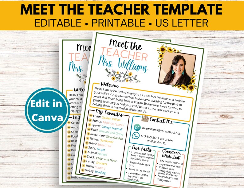 Sunflower Meet the Teacher Editable Template | Back to School Printable ...