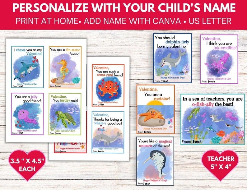 Personalizable Under the Sea Kids Valentine Cards | Set of 12 + Teacher ...