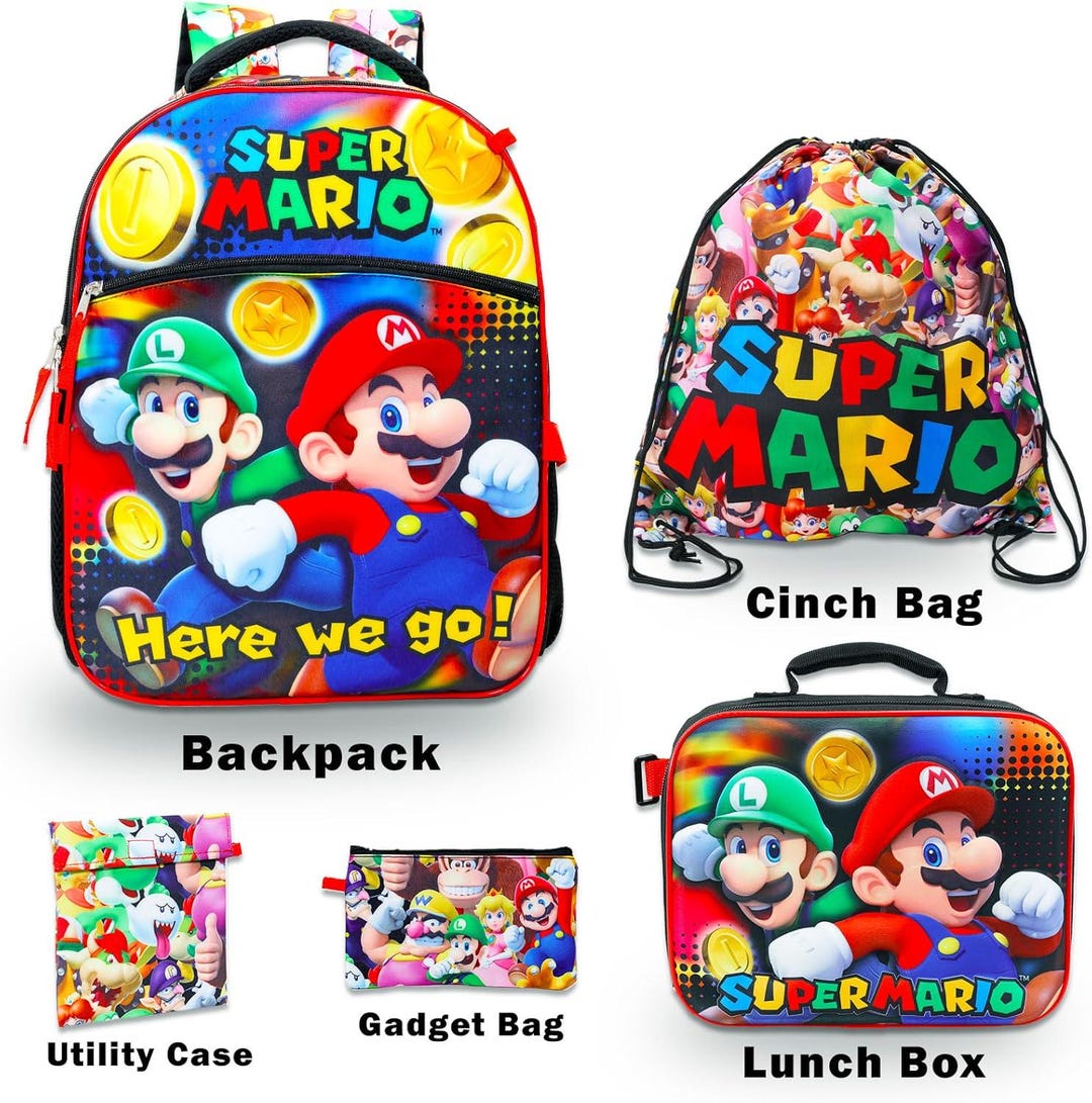 Personalized Super Mario Backpack Set - Bundle of a 16" Backpack, Lunch ...