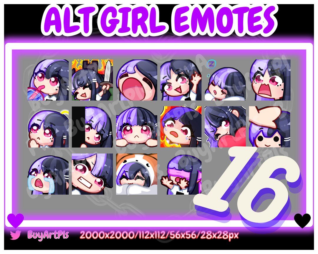 16 Alt GIRL EMOTES! (purple/black) -pack for Twitch, Subscriber ...