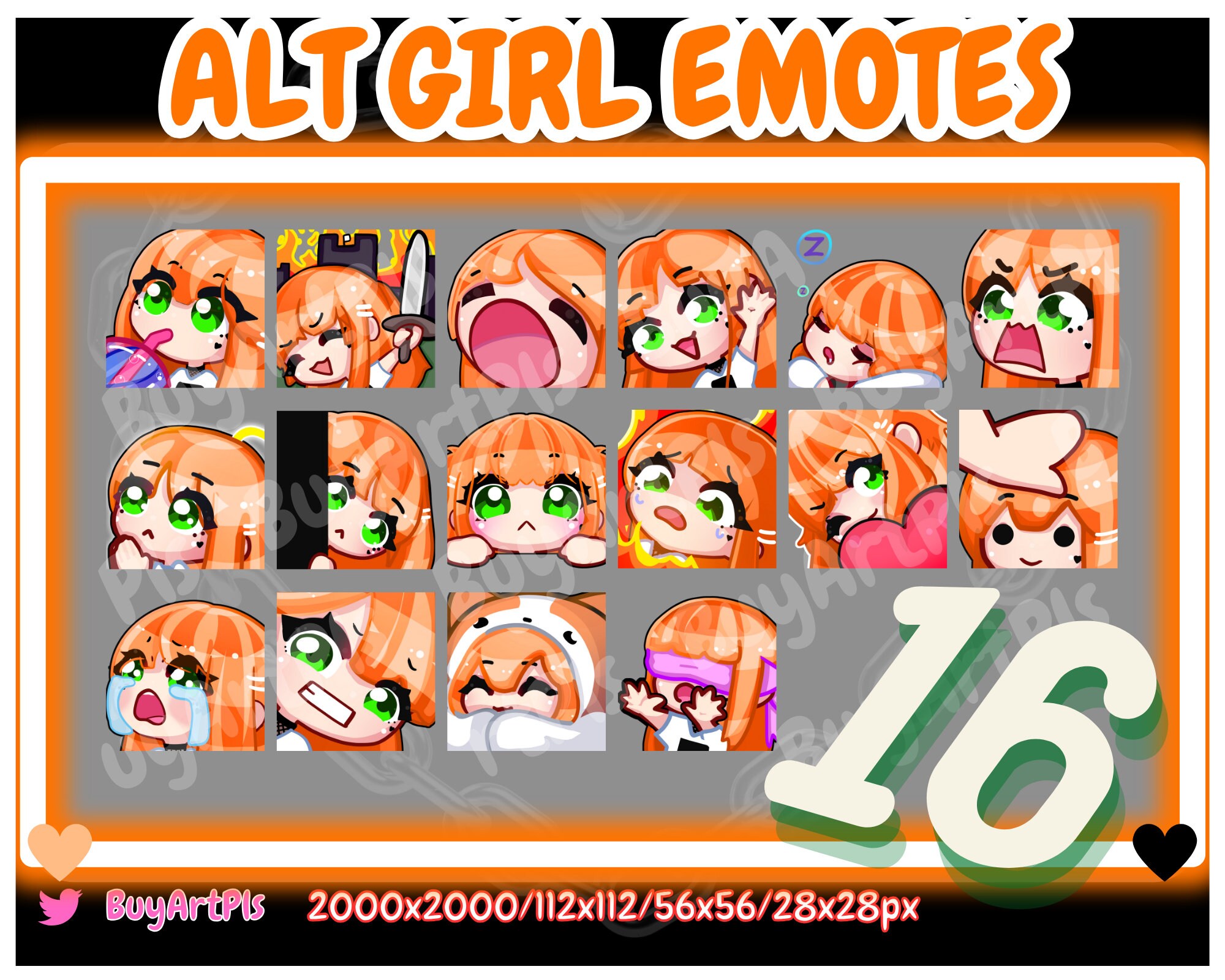 16 Alt GIRL EMOTES! (orange) -pack for Twitch, Subscriber, Discord ...