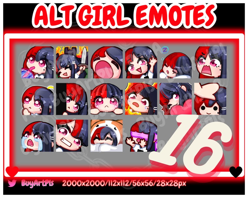 16 Alt GIRL EMOTES! (red/black) -pack for Twitch, Subscriber, Discord ...