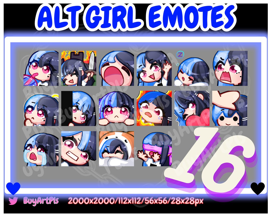 16 Alt GIRL EMOTES! (blue/black) -pack for Twitch, Subscriber, Discord ...