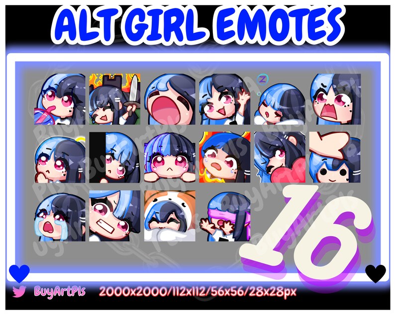 16 Alt GIRL EMOTES! (blue/black) -pack for Twitch, Subscriber, Discord ...