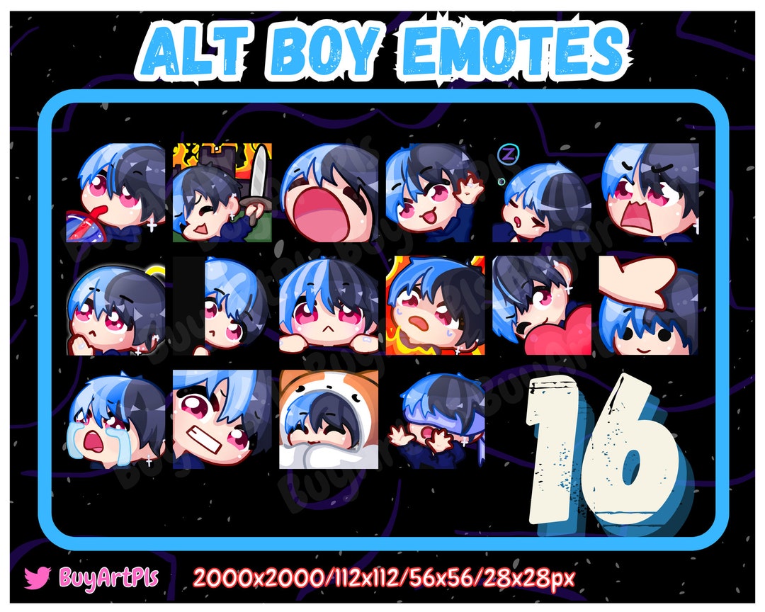 16 Alt BOY EMOTES! (blue/black) -pack for Twitch, Subscriber, Discord ...