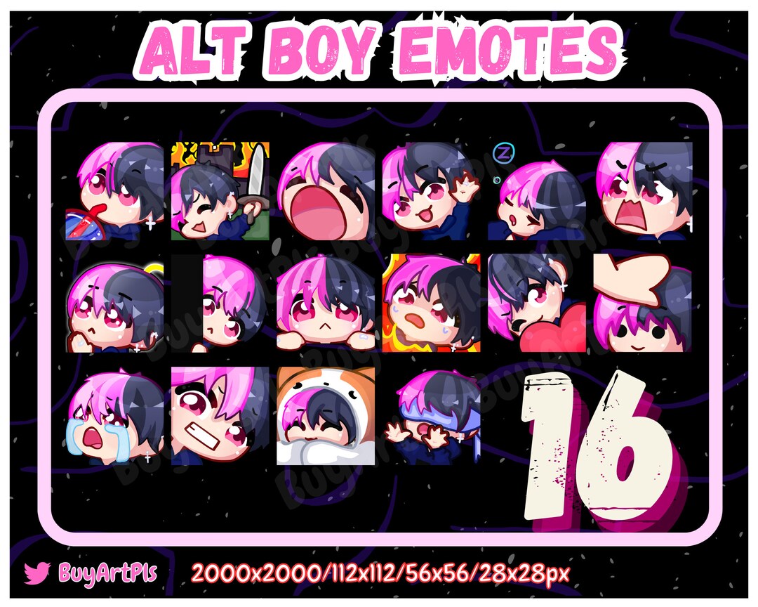 16 Alt BOY EMOTES! (pink/black) -pack for Twitch, Subscriber, Discord ...
