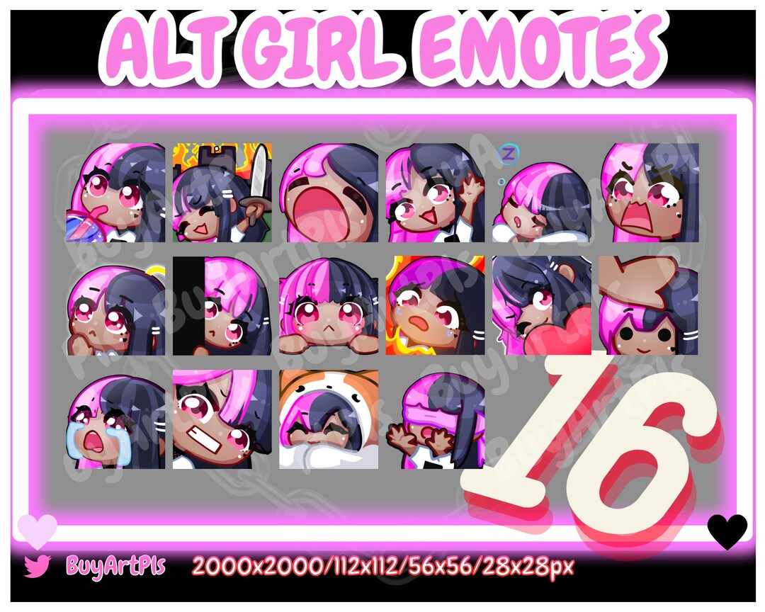 16 Alt GIRL EMOTES! (pink/black) Skin 2 - Pack for Twitch, Subscriber ...