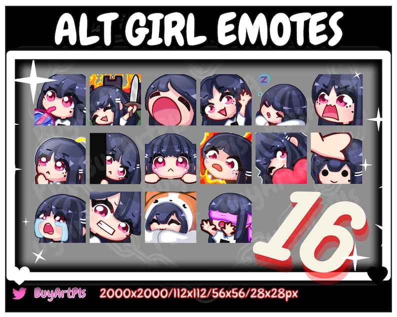 16 Alt GIRL EMOTES! (black) -pack for Twitch, Subscriber, Discord, Cool ...