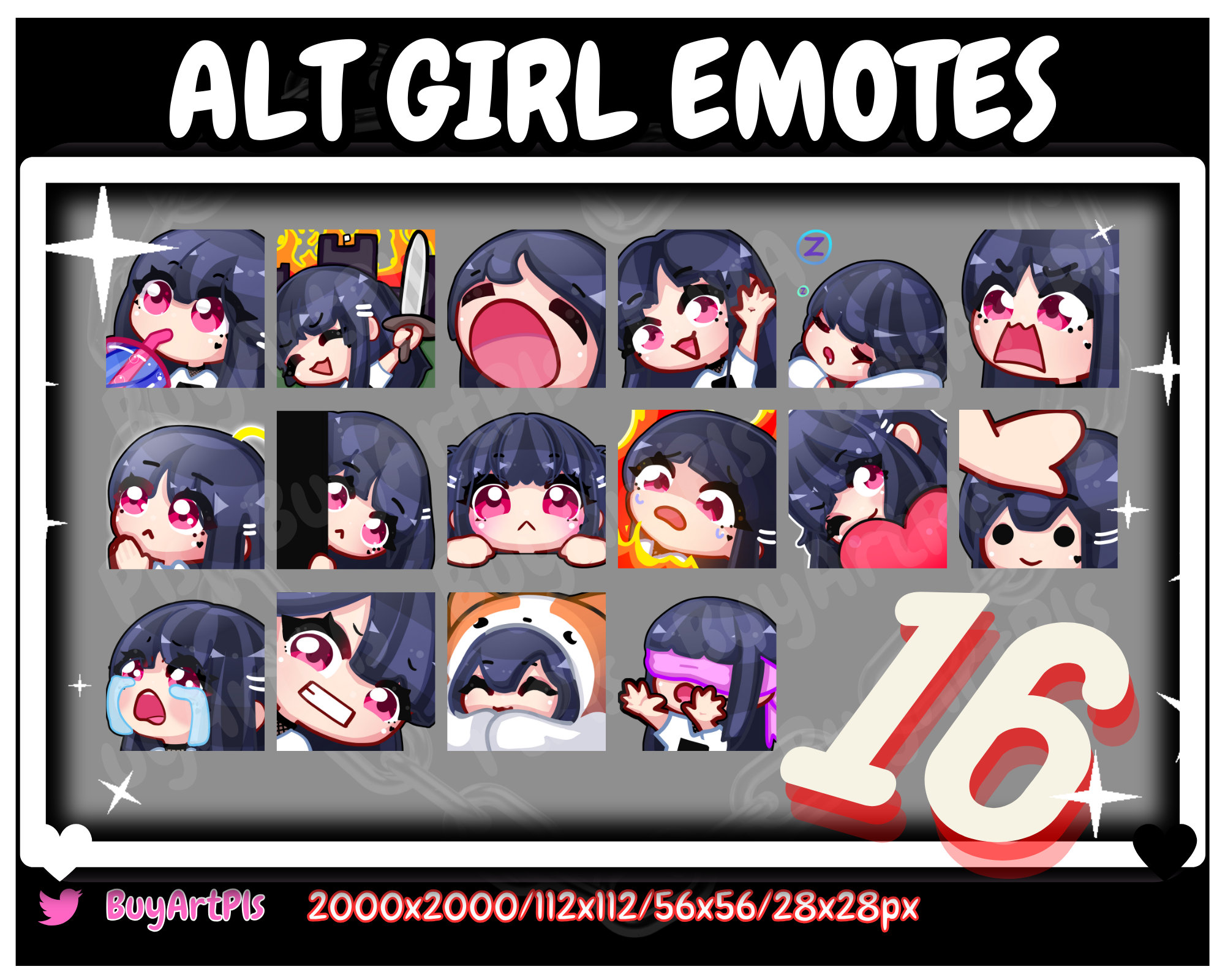 16 Alt GIRL EMOTES! (black) -pack for Twitch, Subscriber, Discord, Cool ...