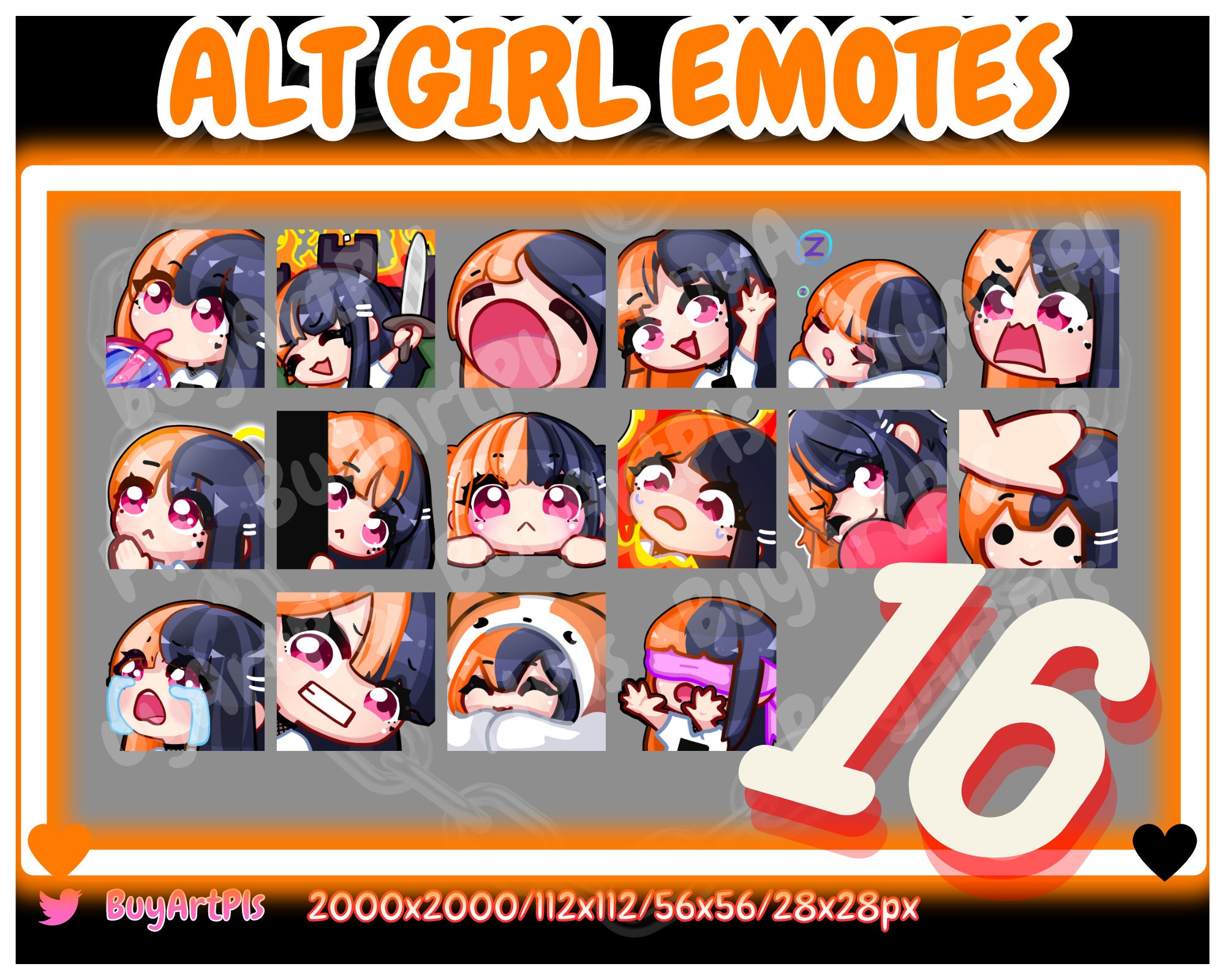 16 Alt GIRL EMOTES! (orange/black) -pack for Twitch, Subscriber ...