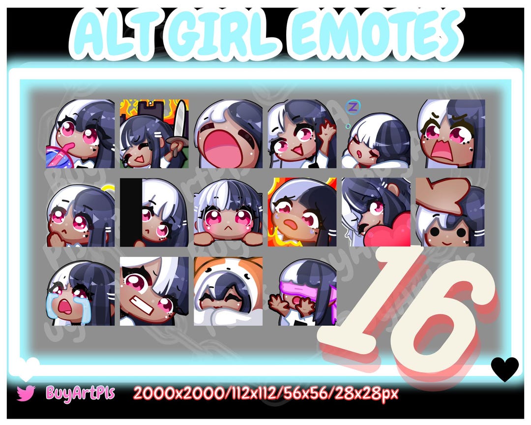 16 ALT GIRL EMOTES! (white/black) Skin 2 -twitch Pack, Subscriber ...