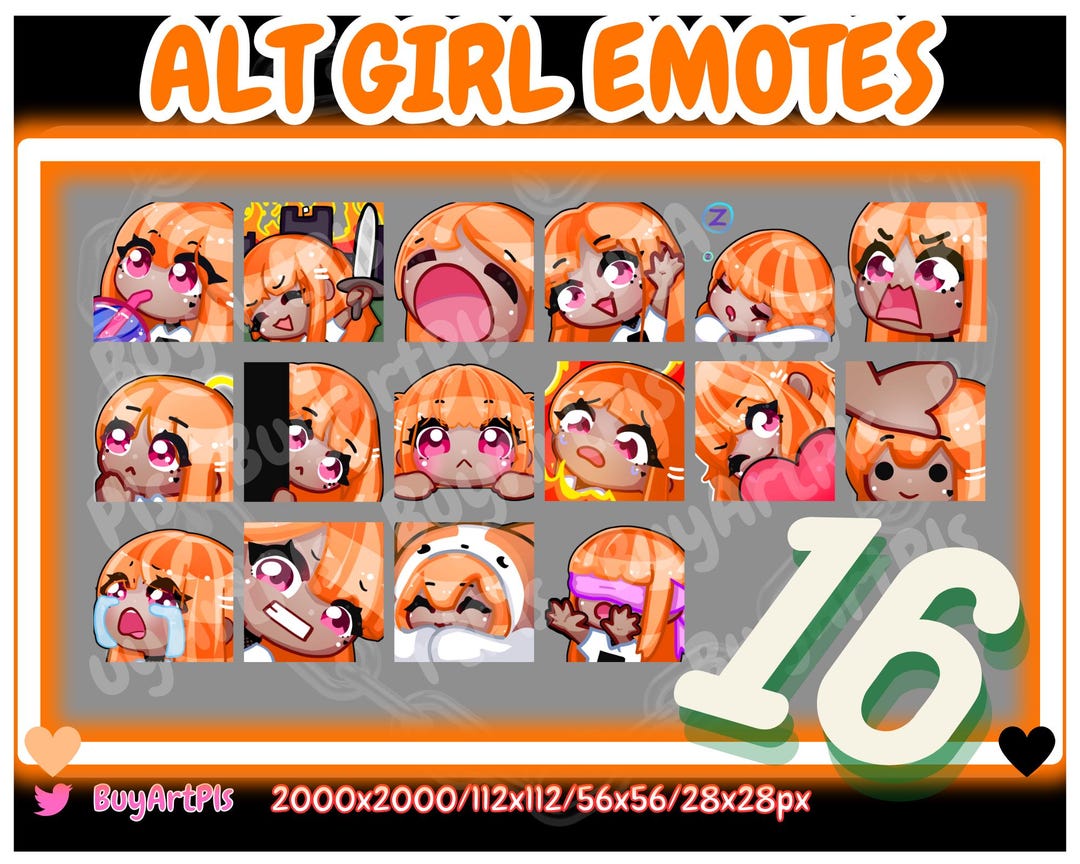 16 Alt GIRL EMOTES! (orange Hair) Skin 2 -pack for Twitch, Subscriber ...