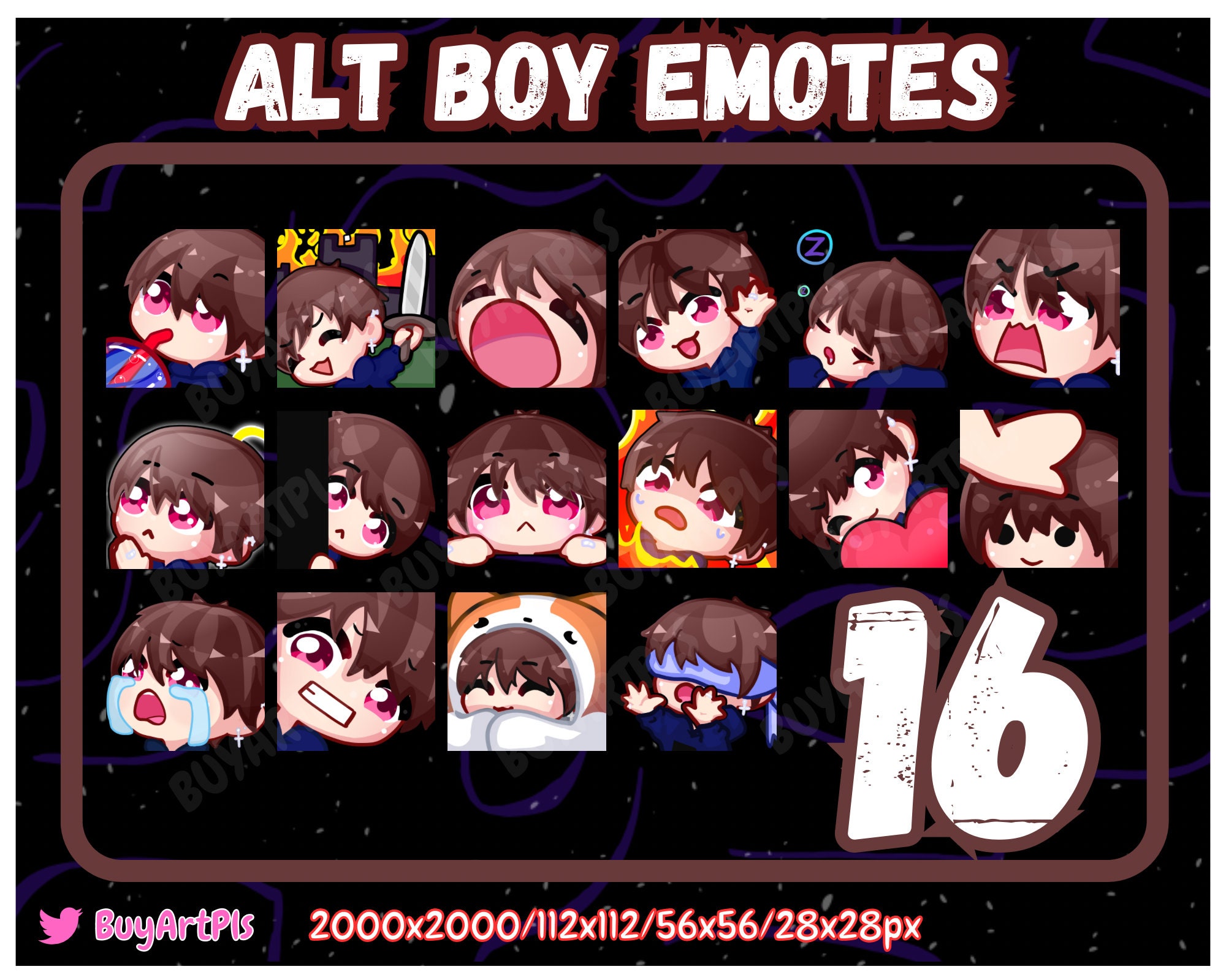 16 Alt BOY EMOTES! (brunet) -pack for Twitch, Subscriber, Discord, Cool ...