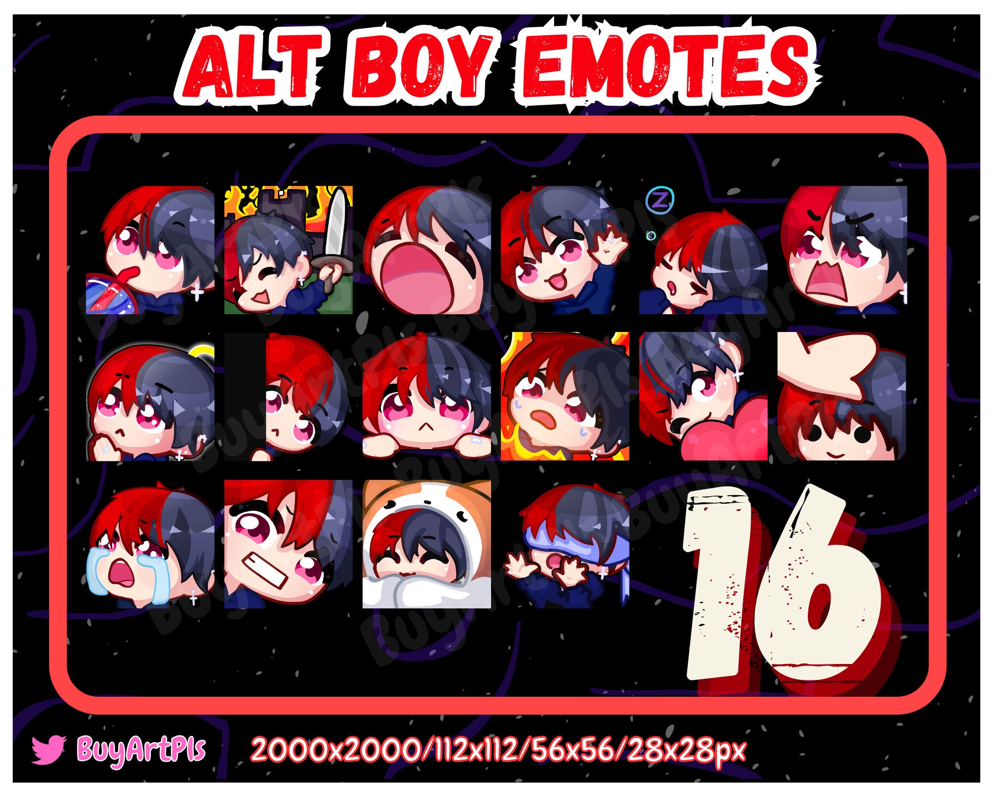 16 Alt BOY EMOTES! (red/black) -pack for Twitch, Subscriber, Discord ...
