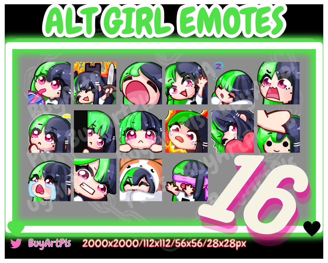 16 Alt GIRL EMOTES! (green/black) -pack for Twitch, Subscriber, Discord ...
