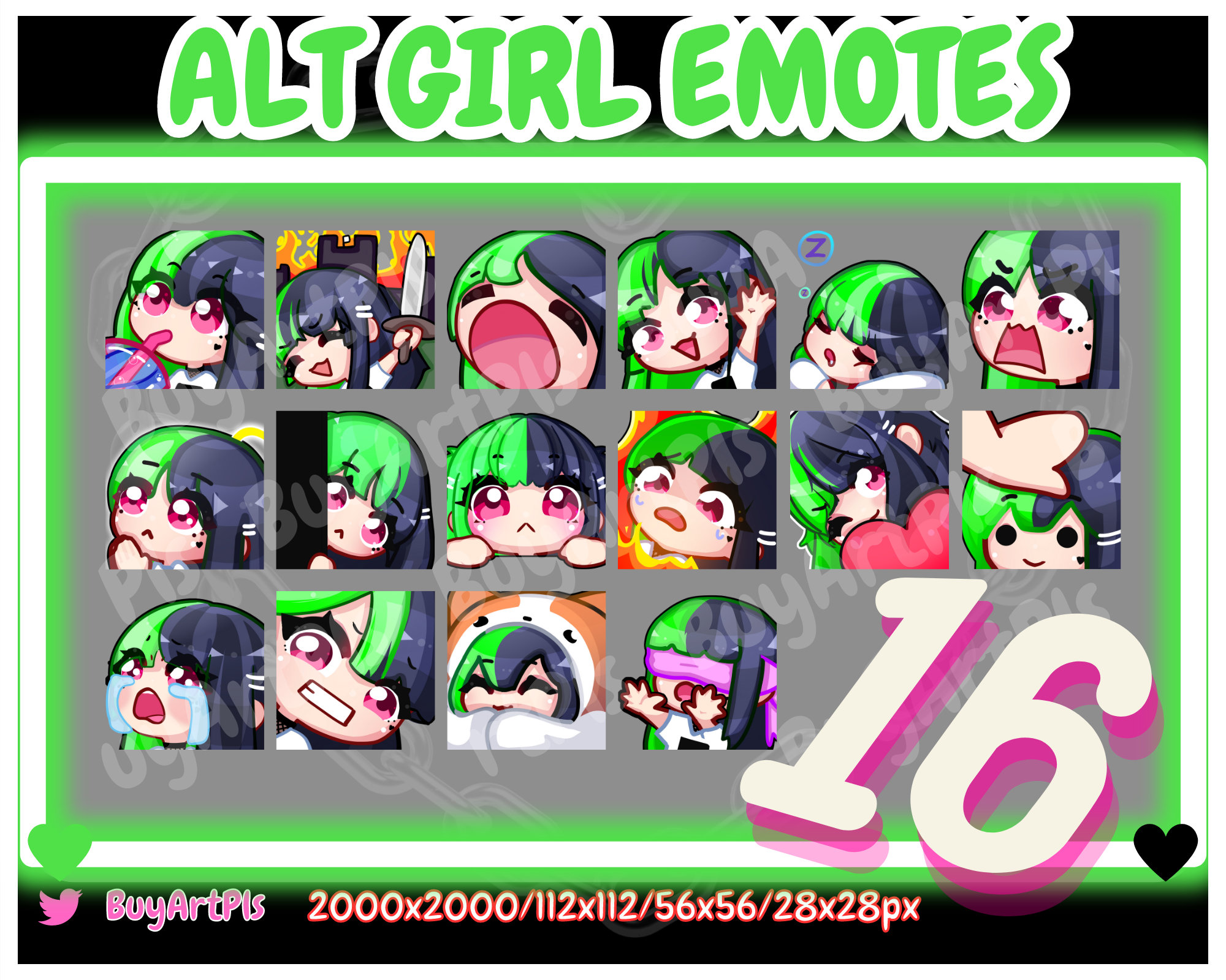 16 Alt GIRL EMOTES! (green/black) -pack for Twitch, Subscriber, Discord ...