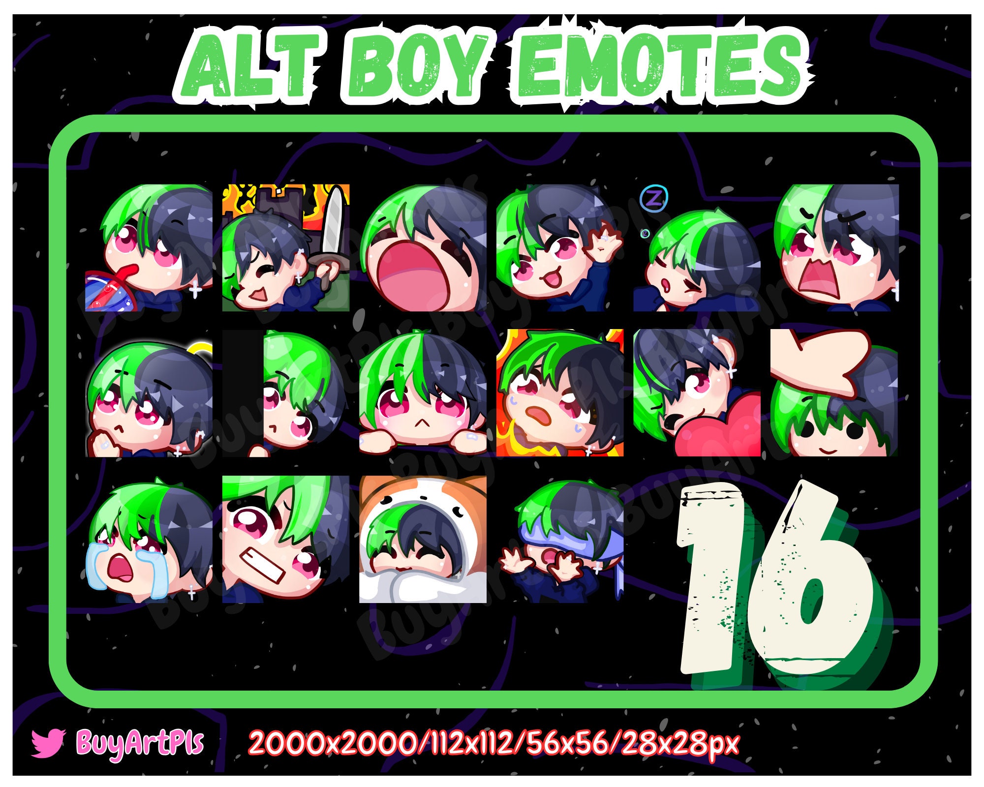 16 Alt BOY EMOTES! (green/black) -pack for Twitch, Subscriber, Discord ...