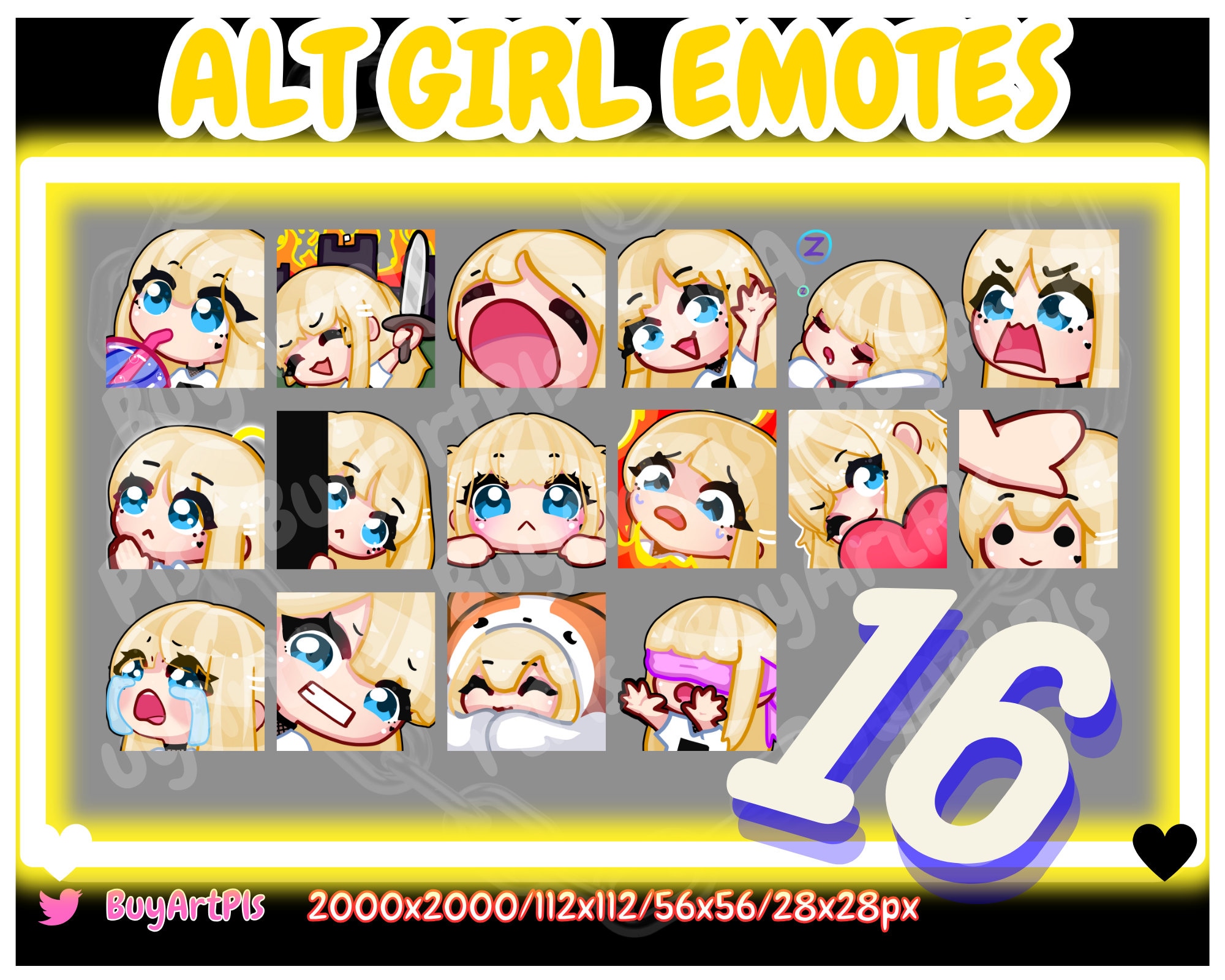 16 Alt GIRL EMOTES! (blonde) -pack for Twitch, Subscriber, Discord ...