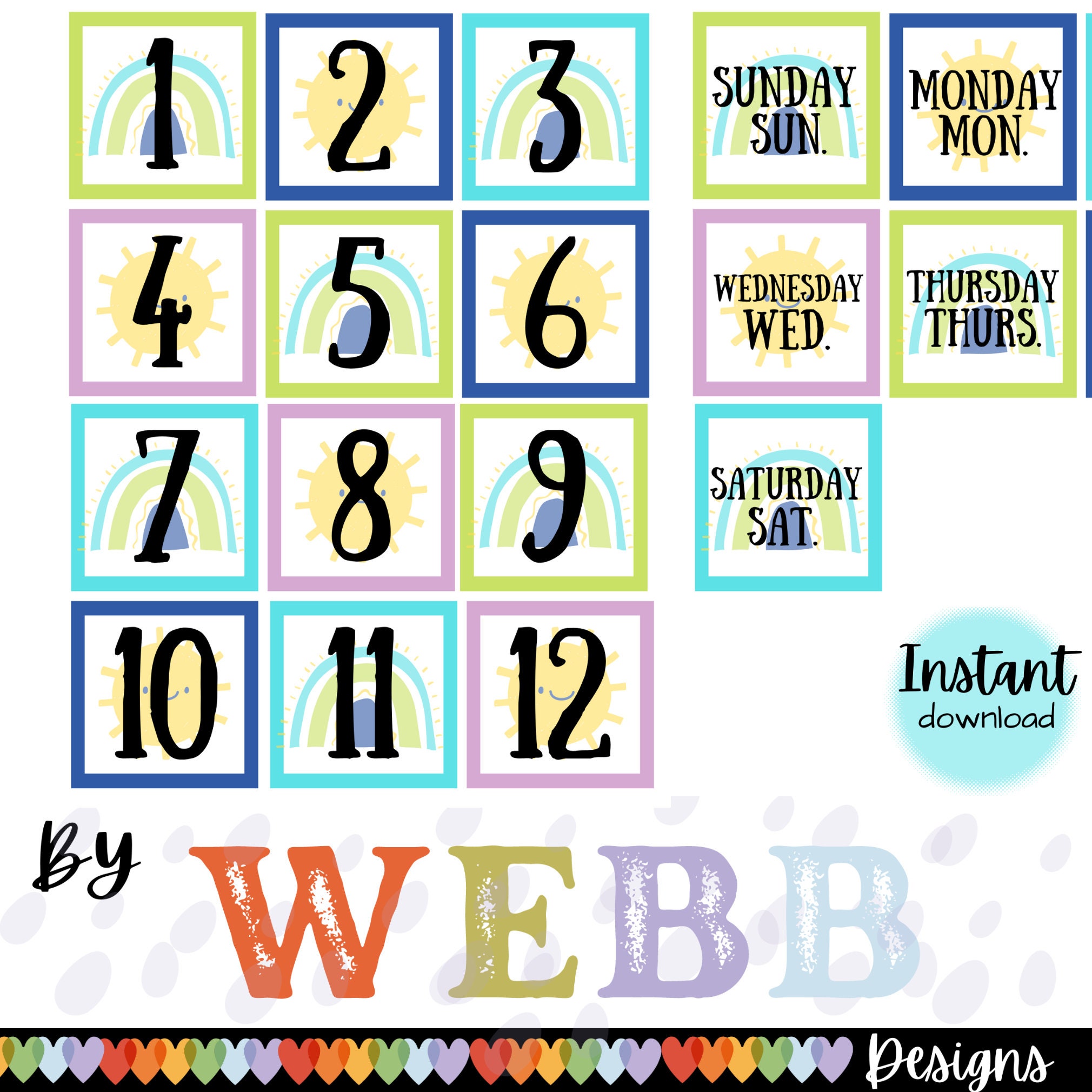 Pocket Chart Calendar Inserts Rainbow, Colorful - Etsy