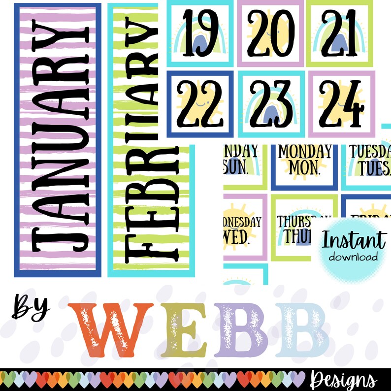 Pocket Chart Calendar Inserts Rainbow Colorful - Etsy