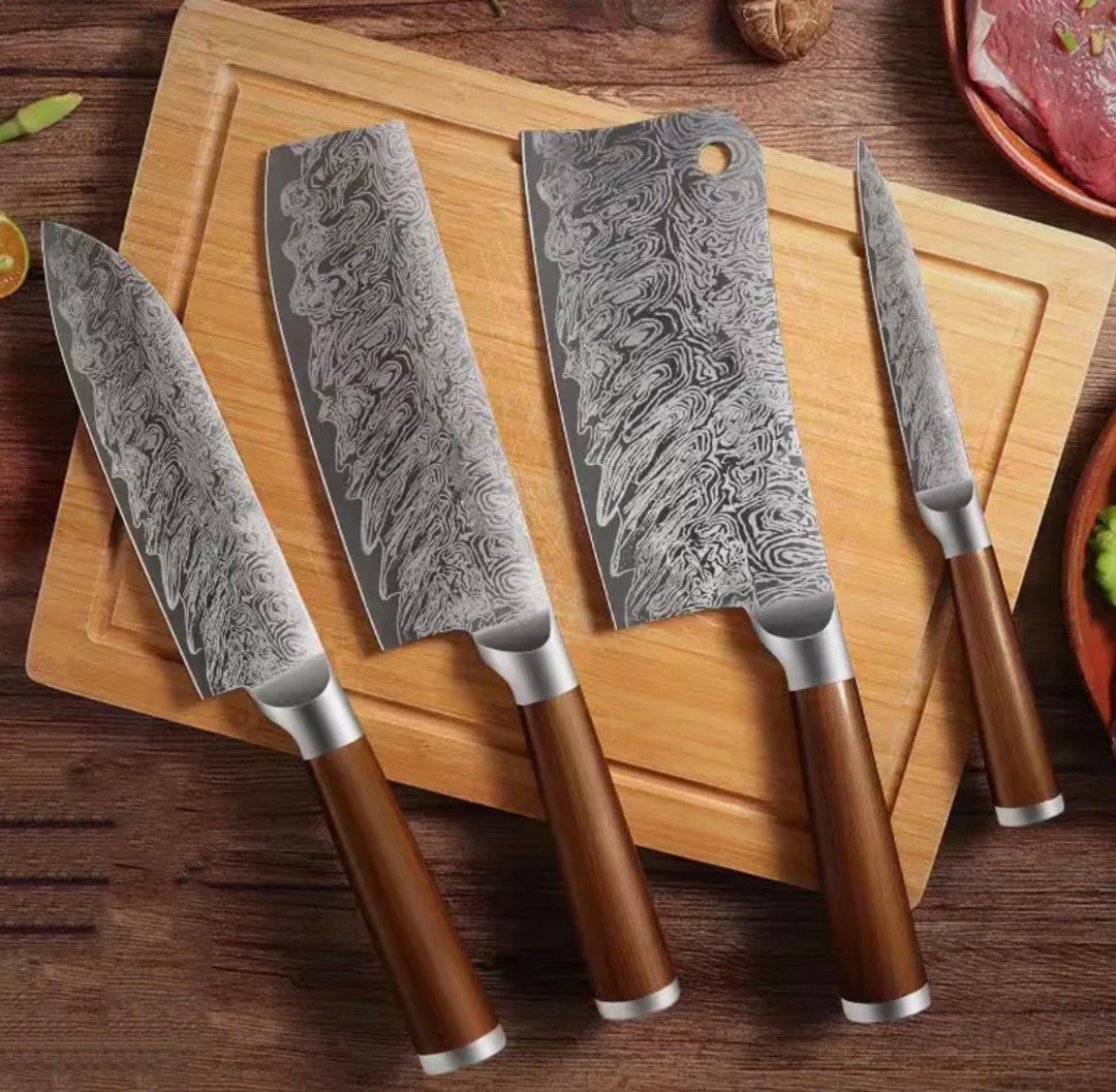4 Pcs Hand Forged Damascus Steel Chef Set, Handmade Damascus Kitchen ...