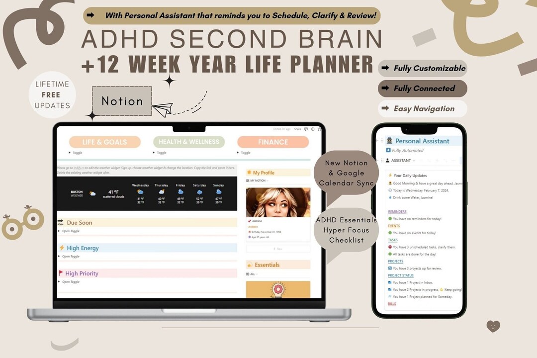 2024 ADHD Notion Template Second Brain Notion 12 Week Year Planner ADHD All in One Notion ...