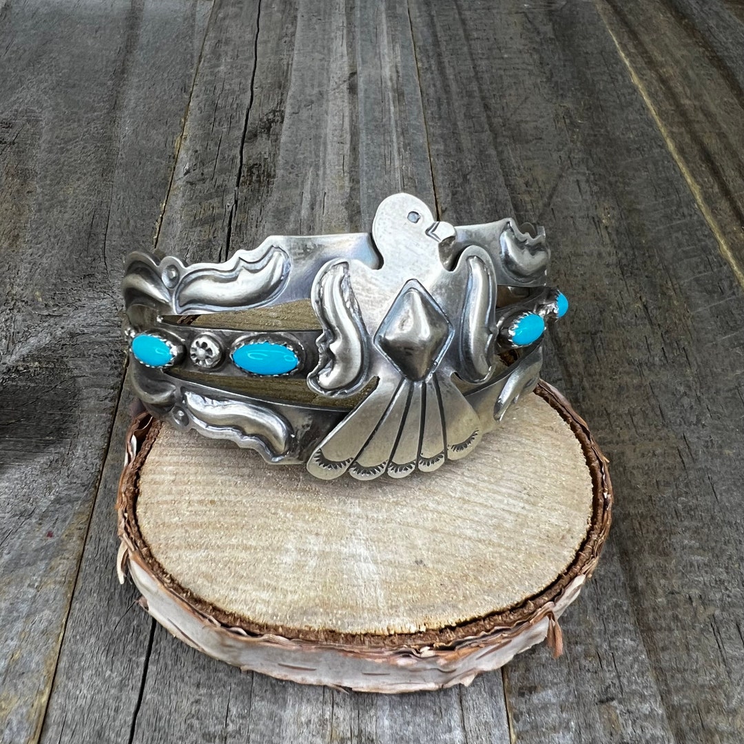 Navajo Made Tim Yazzie Thunderbird Vintage Turquoise Sterling Silver ...
