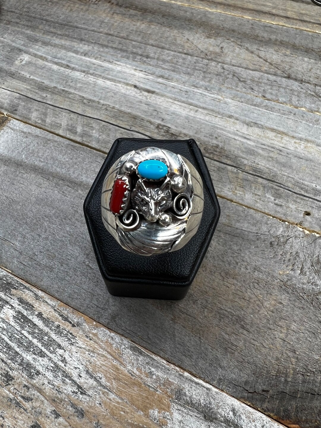 Navajo Made Turquoise & Coral Wolf Ring Size 11 Sterling Silver ...