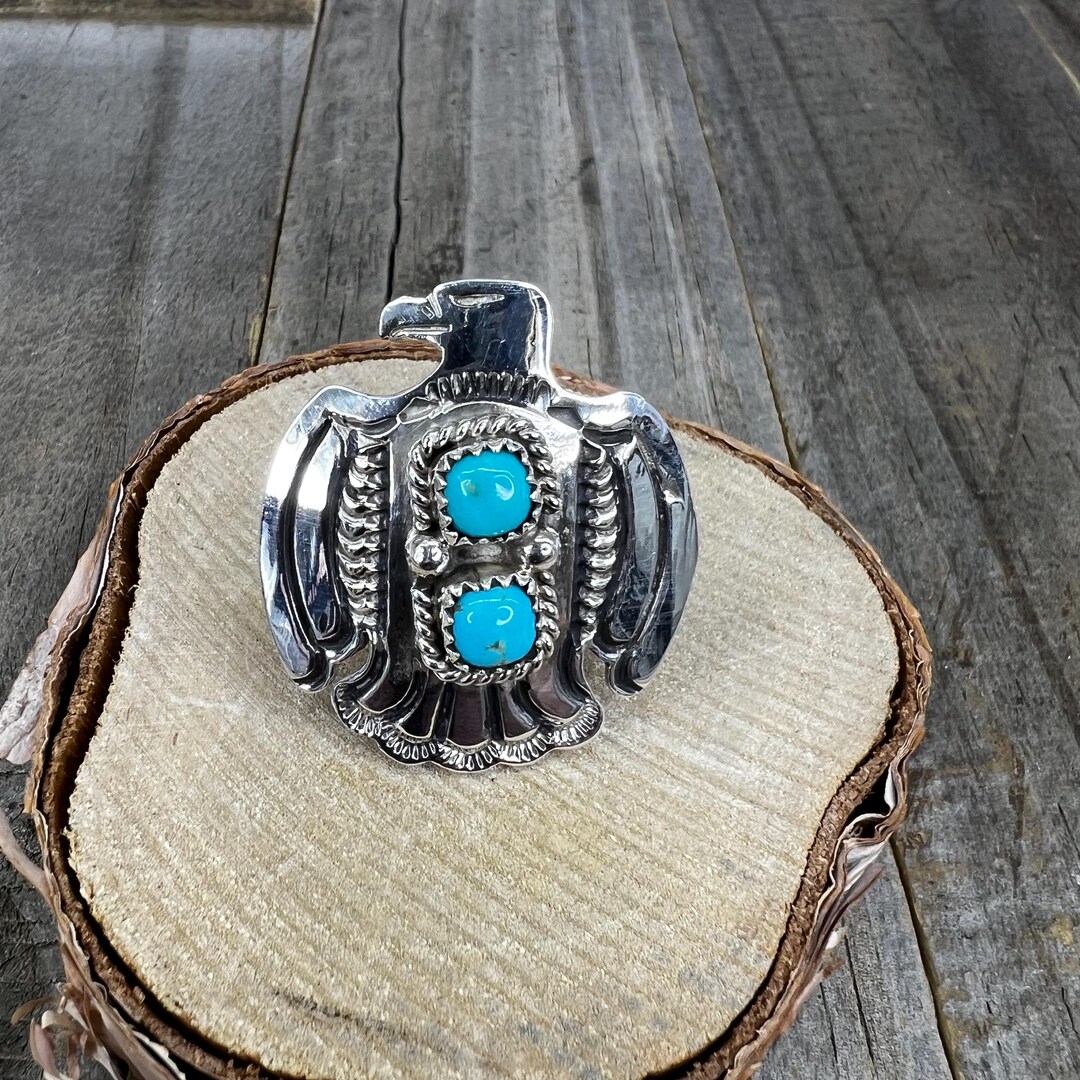 Navajo Made Turquoise Thunderbird Ring With 2 Stones Size 9.00 - Etsy