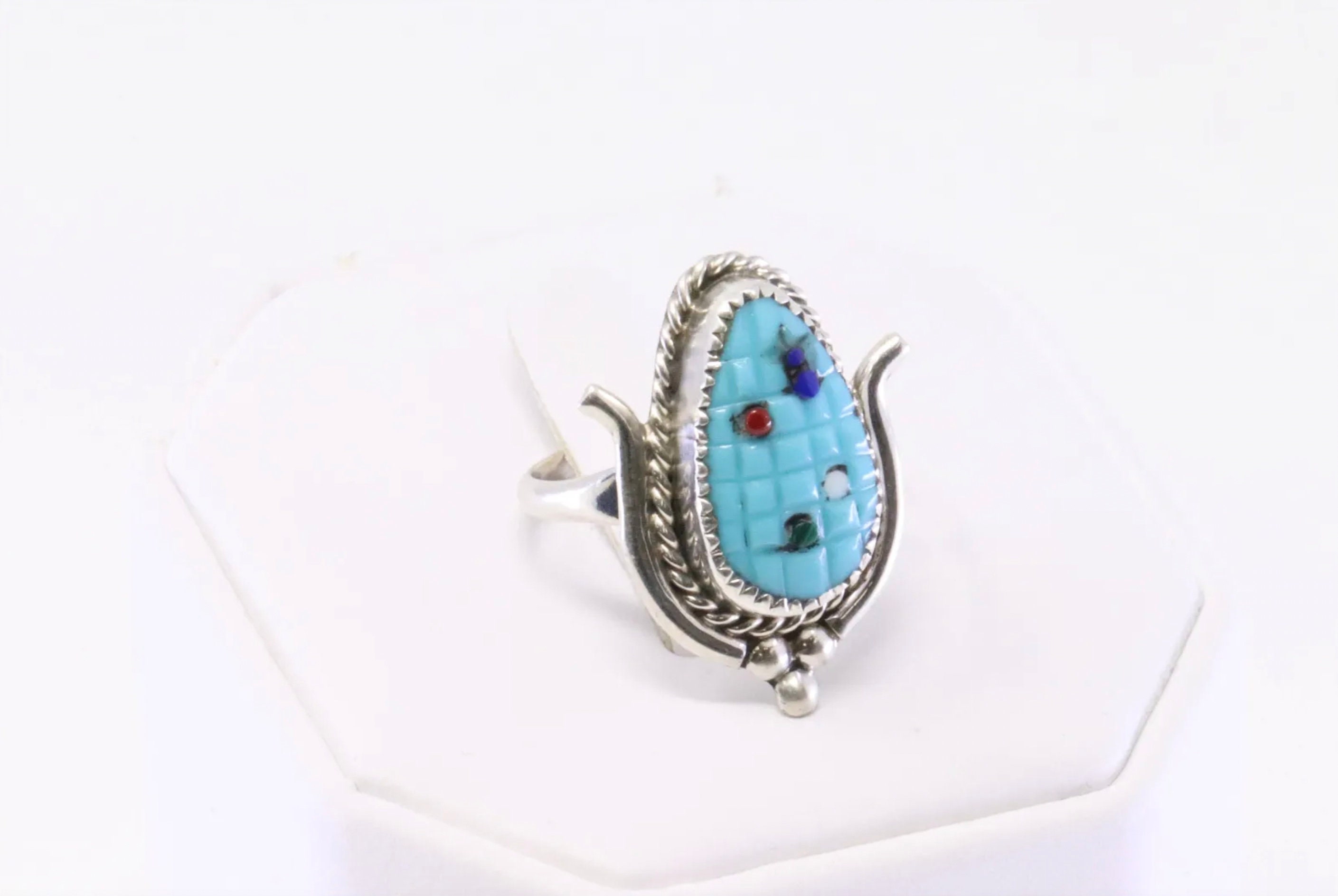 Zuni Handmade Turquoise Corn Cob Ring by B. Etsate Vintage Sterling ...
