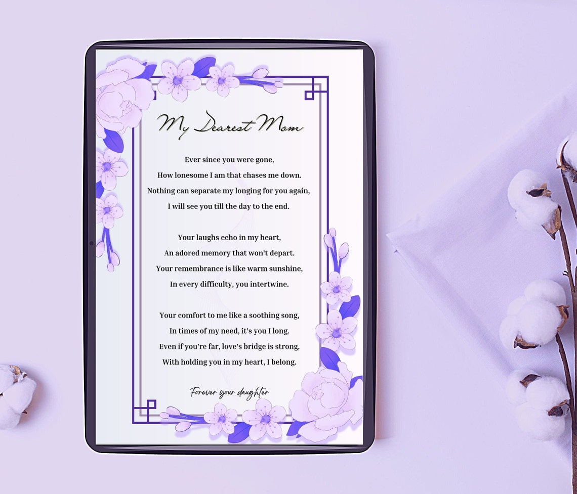 Memorial Poem From Daughter Dearest Mom Poem Memorial Bereavement Gift ...