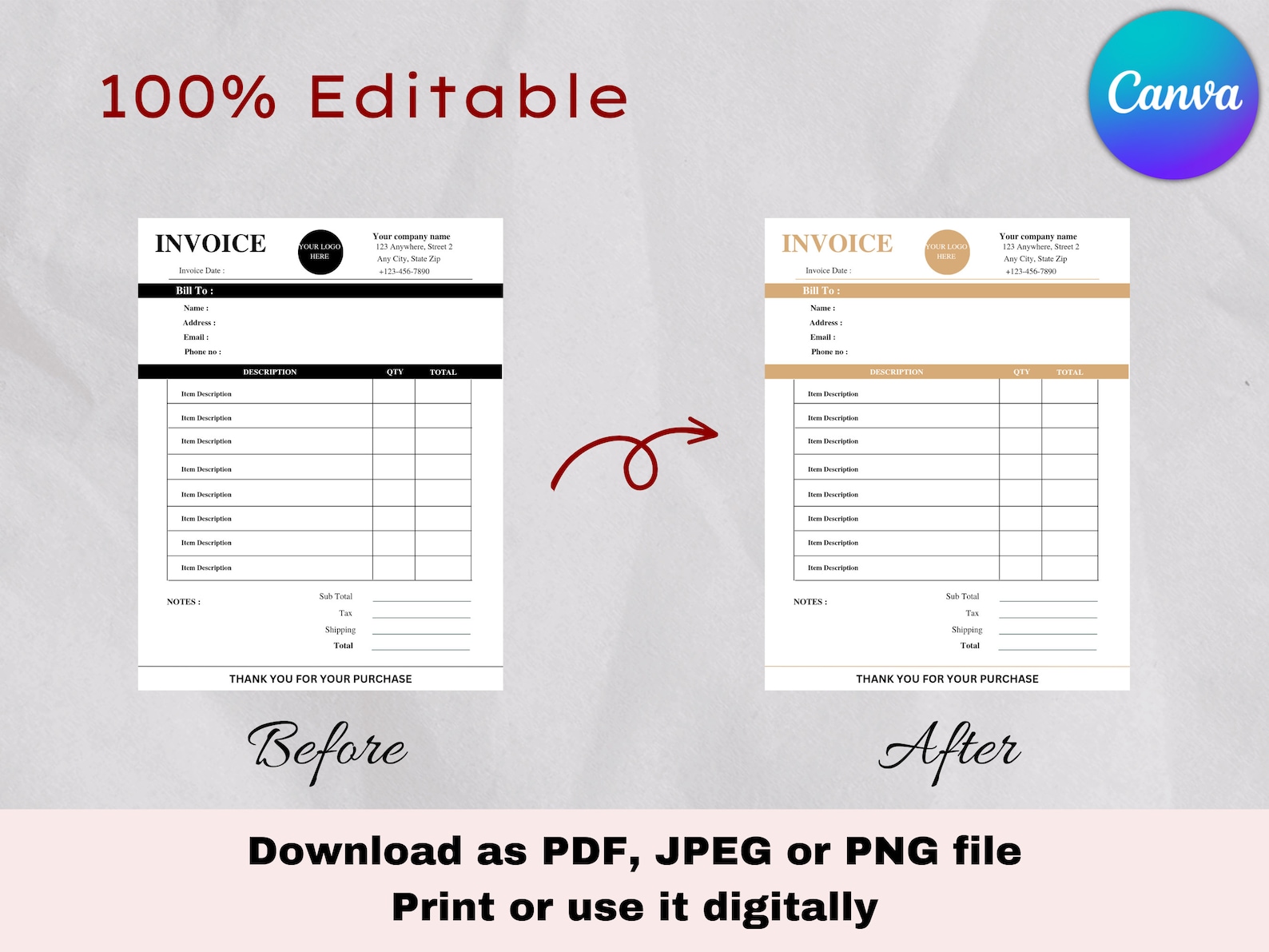 Invoice Template, Printable Invoice, Editable Invoice, Custome Invoice ...