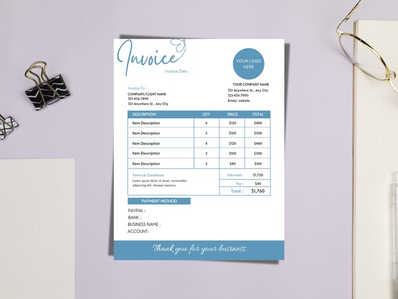 Invoice Template, Printable Invoice, Digital Invoice Form, Editable ...