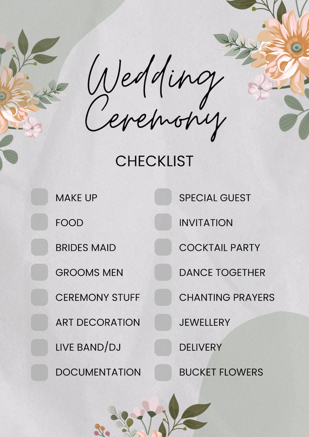 Gray Aesthetic Wedding Ceremony Checklist, Wedding Checklist Printable ...