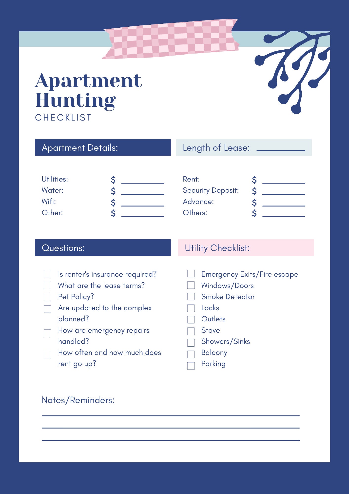 Printable Blue and White Apartment Hunting Checklist, House Hunting ...
