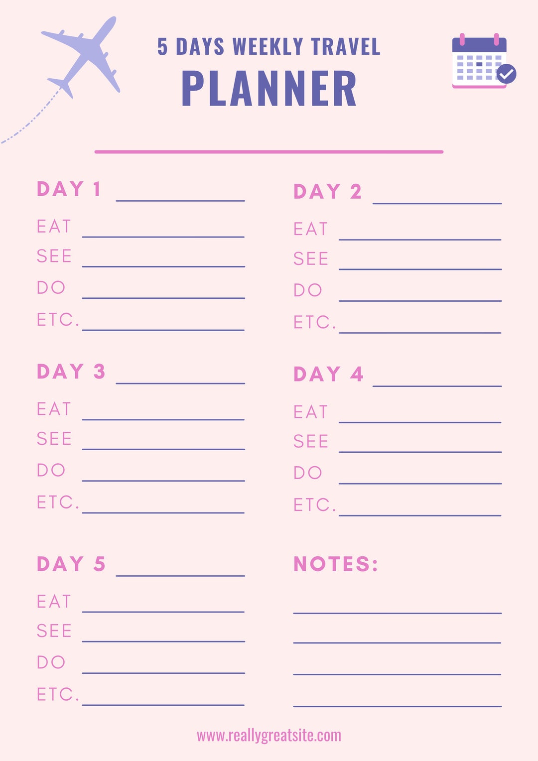 Purple and Pink 5 Days Weekly Travel Planner Itinerary, Travel Journal ...