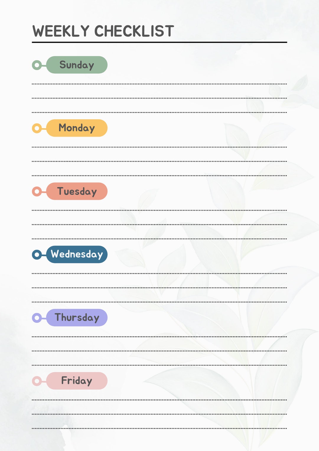 Printable Weekly Checklist, to Do List Template, Weekly Checklist ...