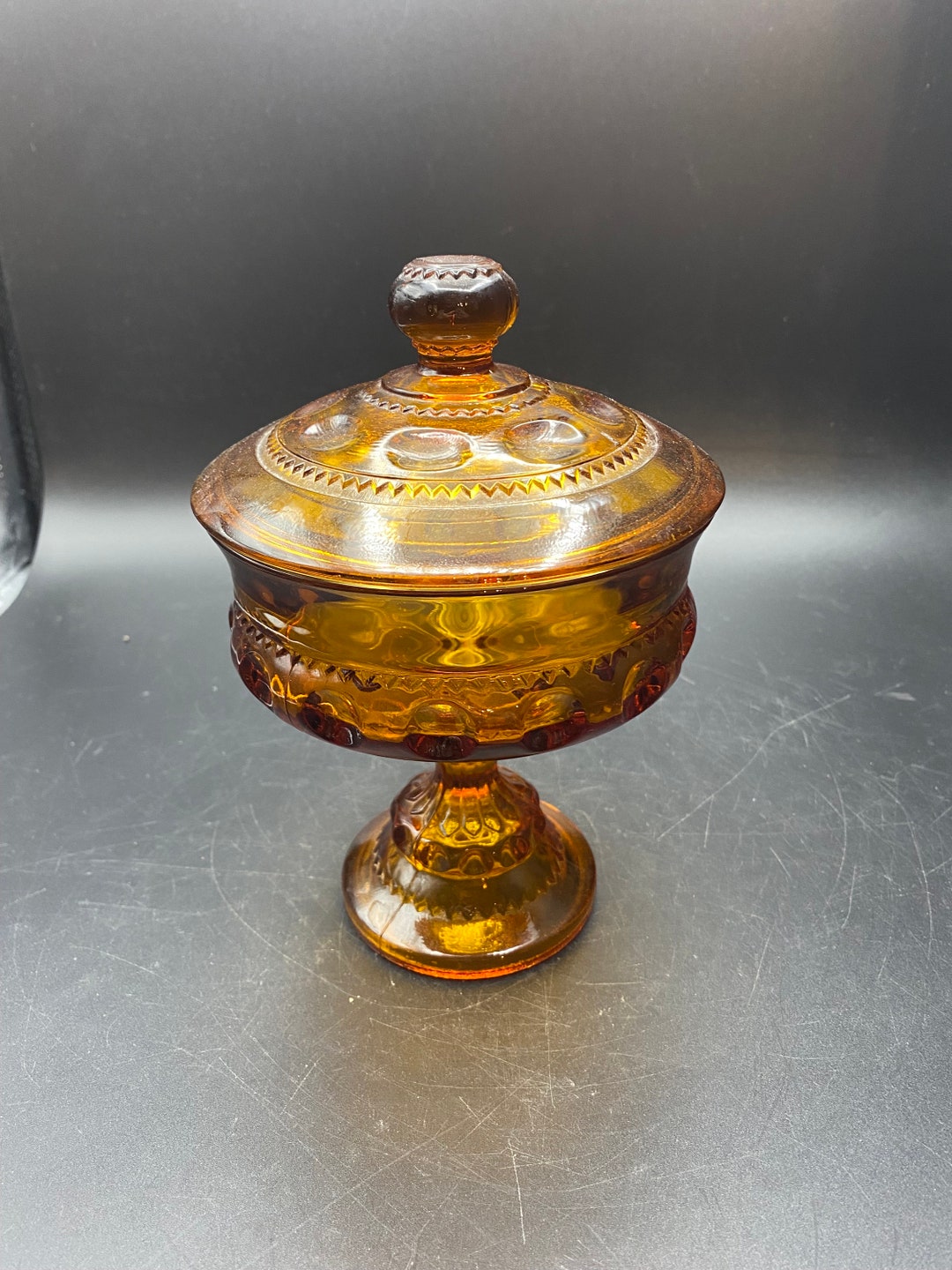 Indians Glass Amber Kings Crown Thumbprint Compote - Etsy