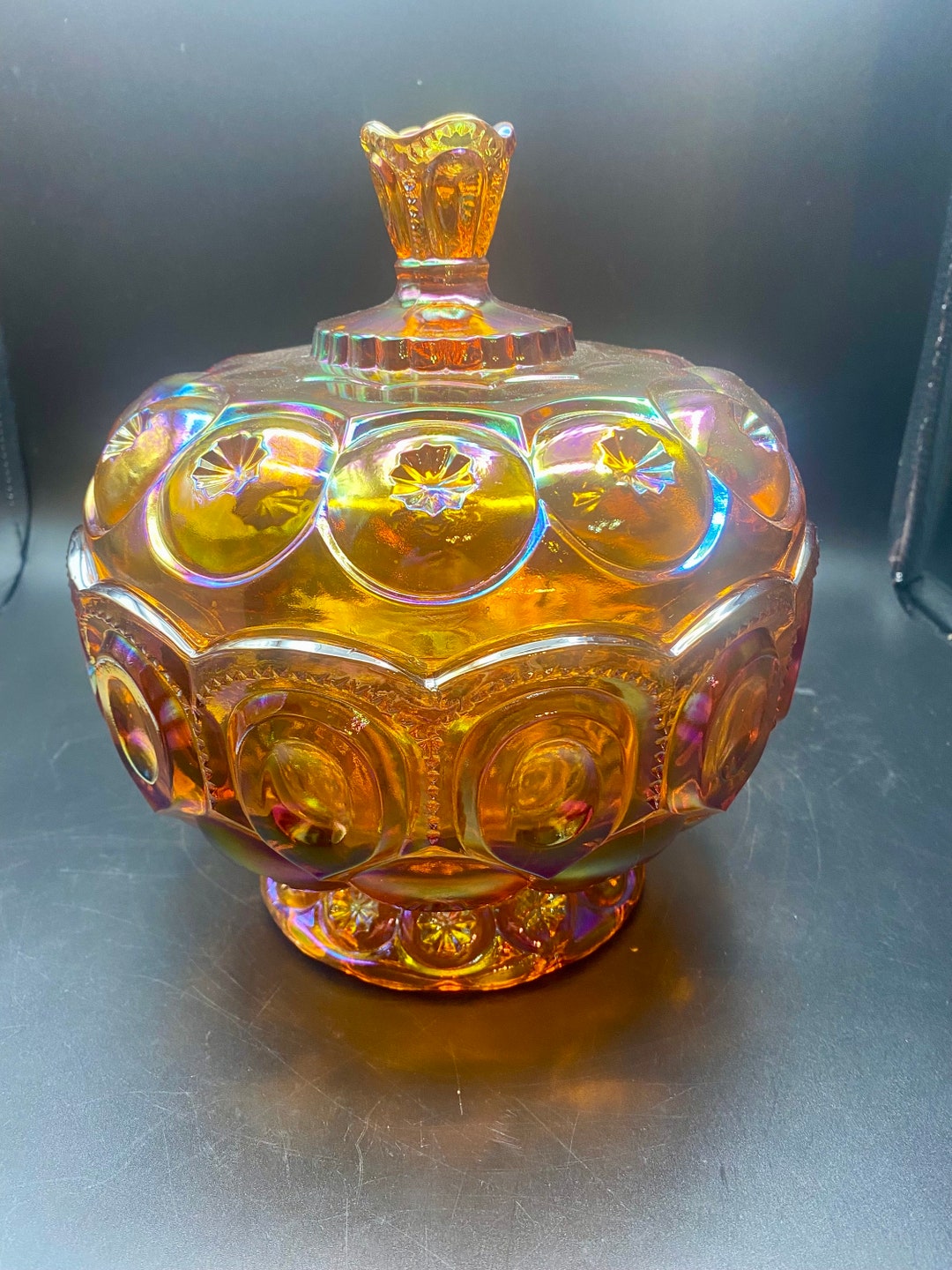 Weishar Short Large Covered Compote Moon N Star Amber Carnival Glass - Etsy