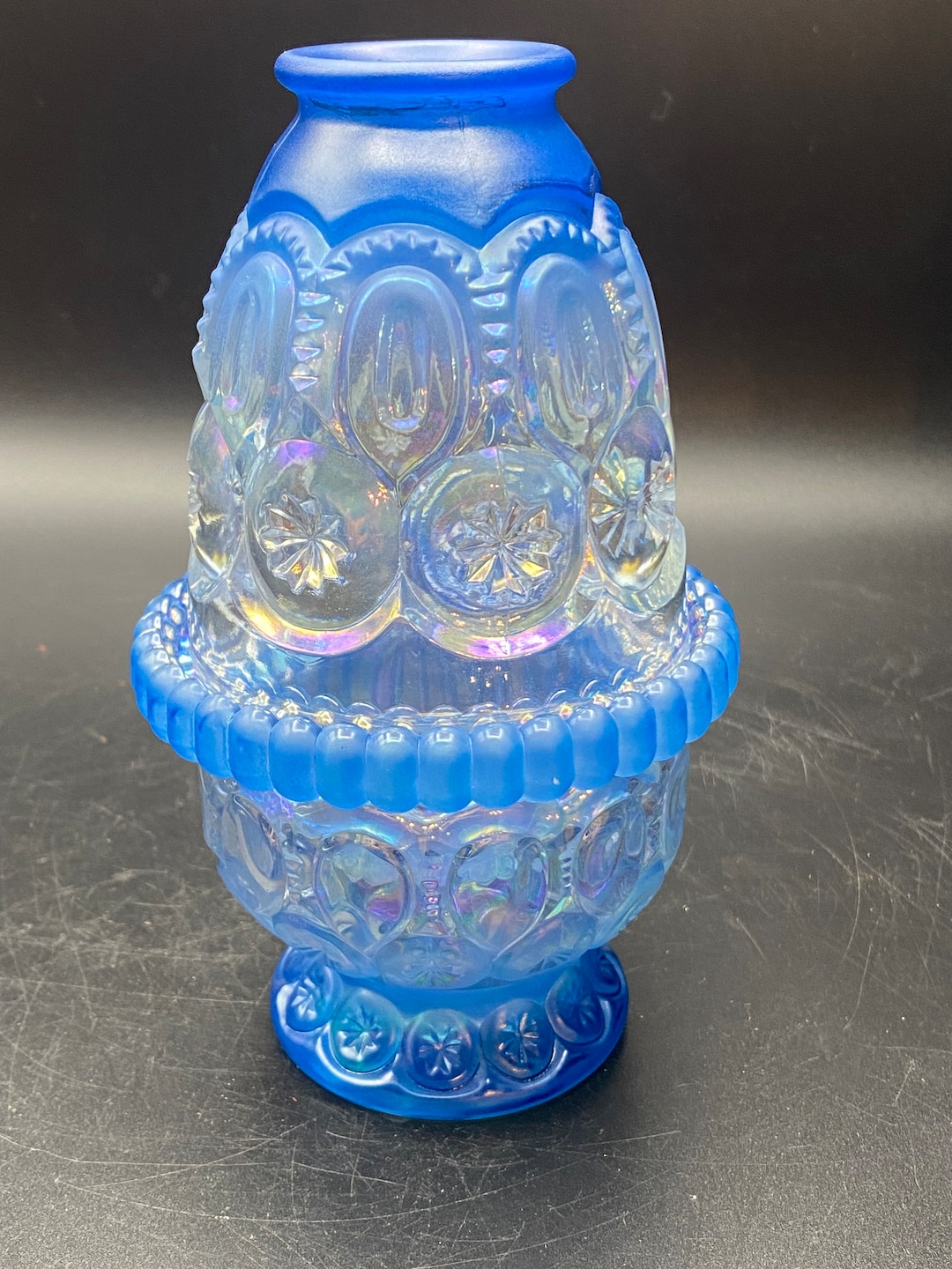Weishar Blue and Iridescent Carnival Glass Moon N Star Fairy Lamp 3 ...
