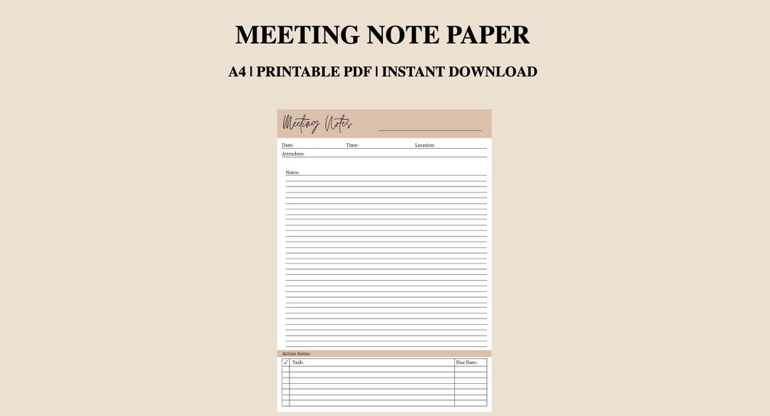 Meeting Note Template Printable A4 and A5 Instant Download Digital and ...