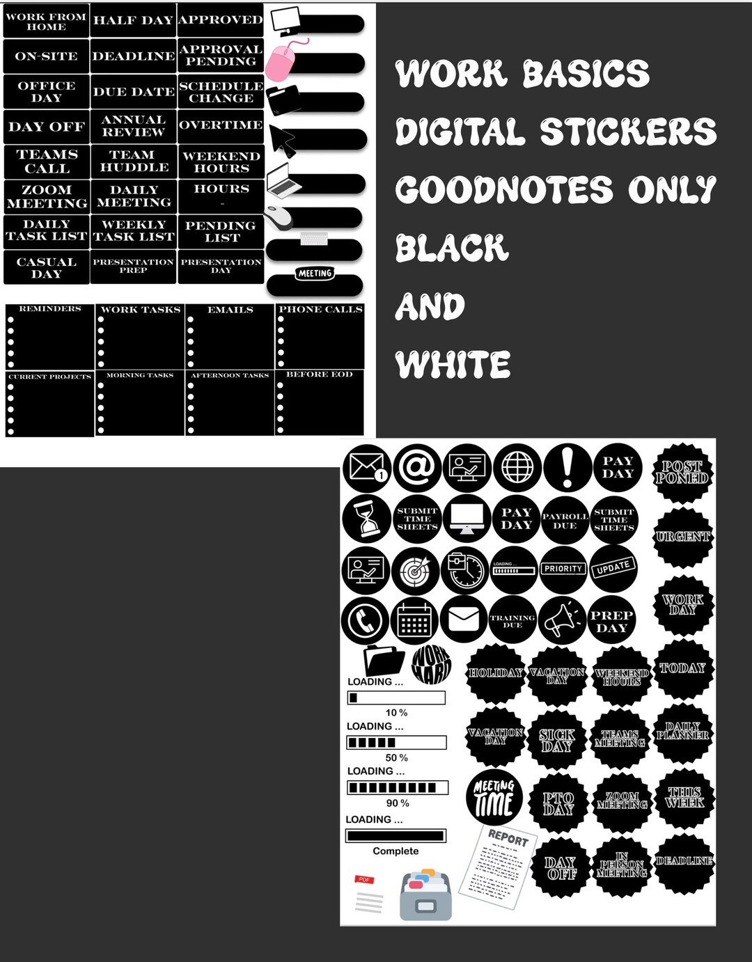Work Stickers: Black and White - Etsy