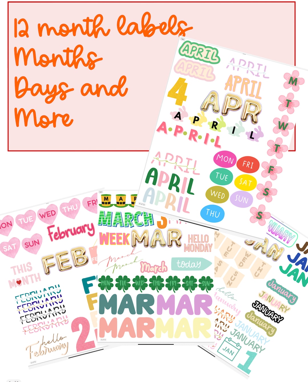 12 Month Labels & Days - Etsy