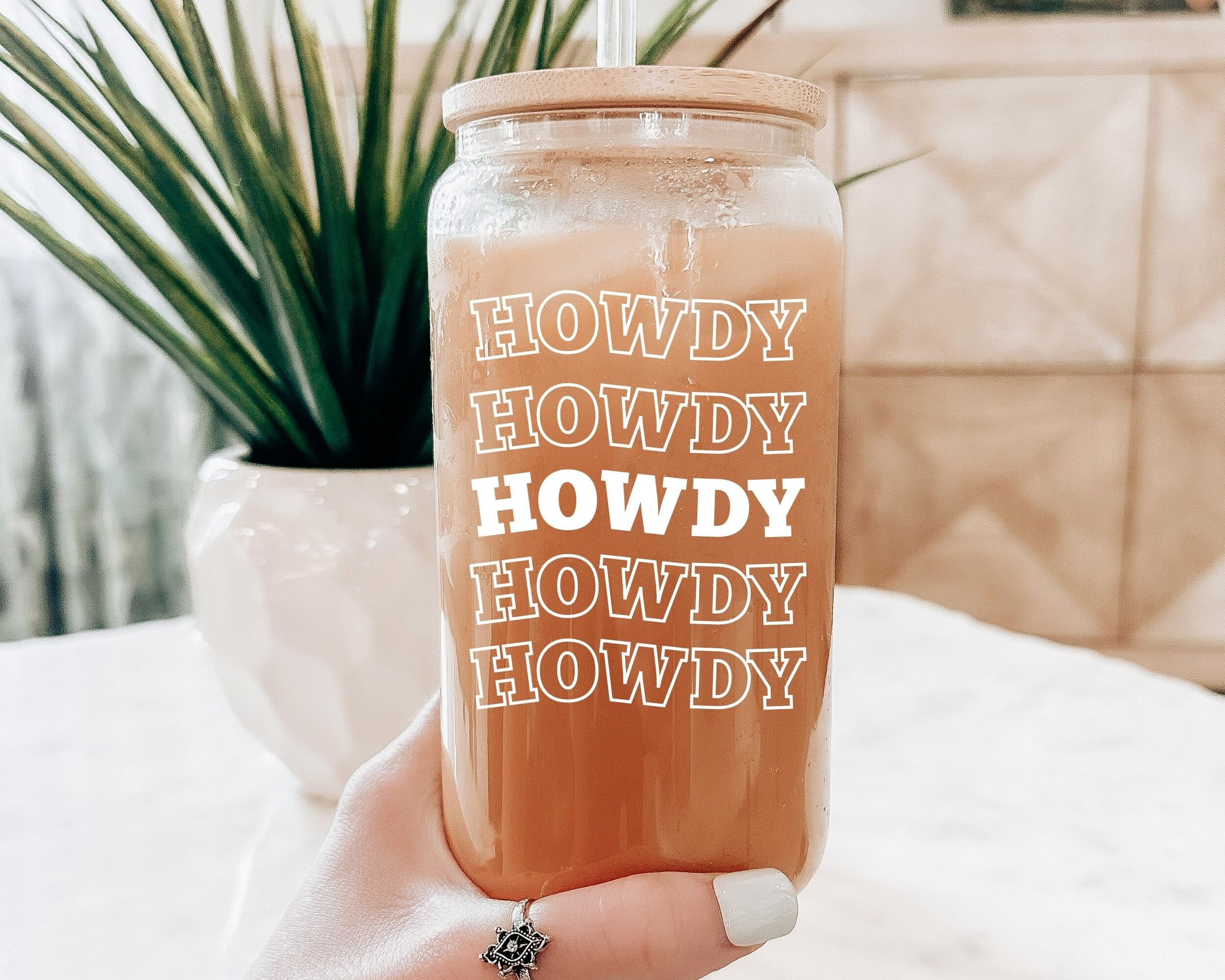 Howdy Beer Iced Coffee Glass Bamboo Lid and Straw Cowgirl Can - Etsy