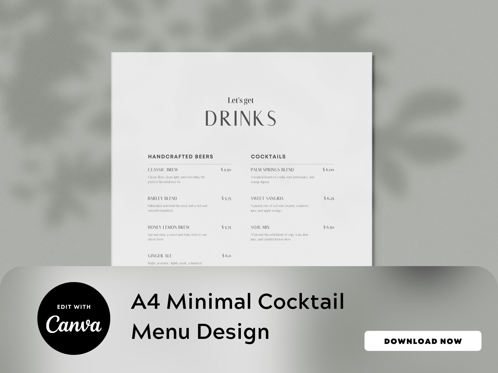 Bar Menu Template, Modern Editable Drink Menu Template, Minimalist ...