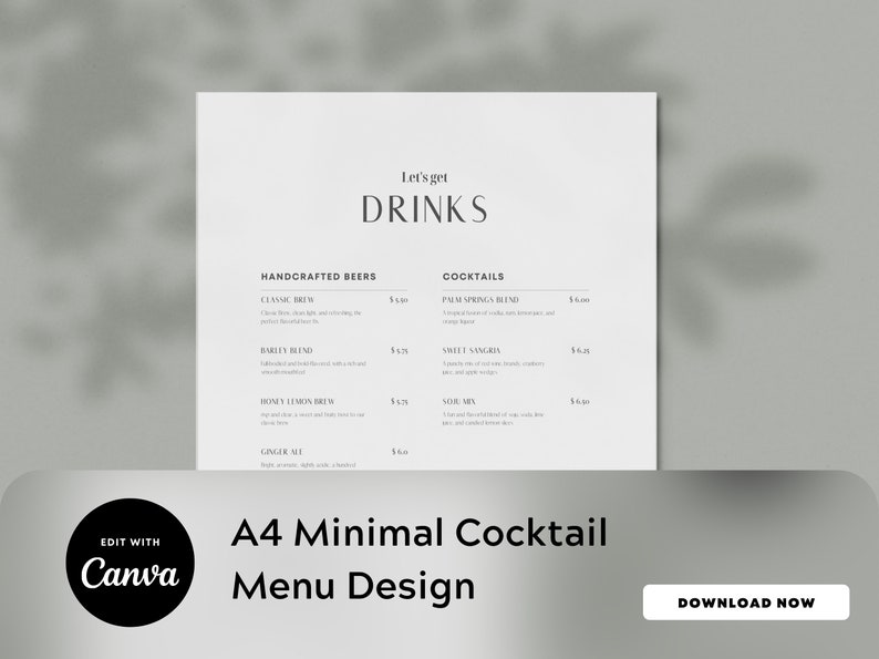 Bar Menu Template, Modern Editable Drink Menu Template, Minimalist ...