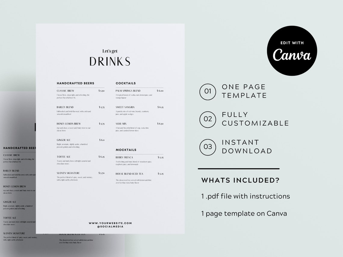 Bar Menu Template, Modern Editable Drink Menu Template, Minimalist ...