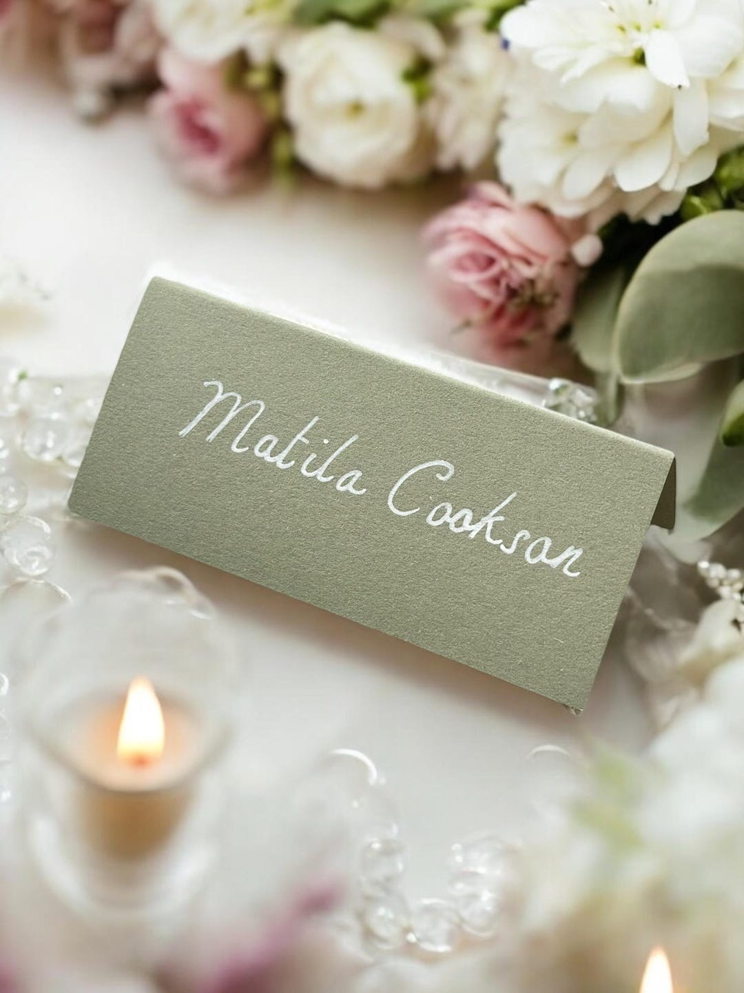 Handwritten Sage Green Wedding Place Cards: White Ink Cursive - Etsy