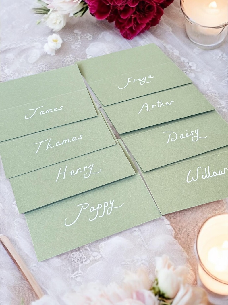 Handwritten Sage Green Wedding Place Cards: White Ink Cursive - Etsy