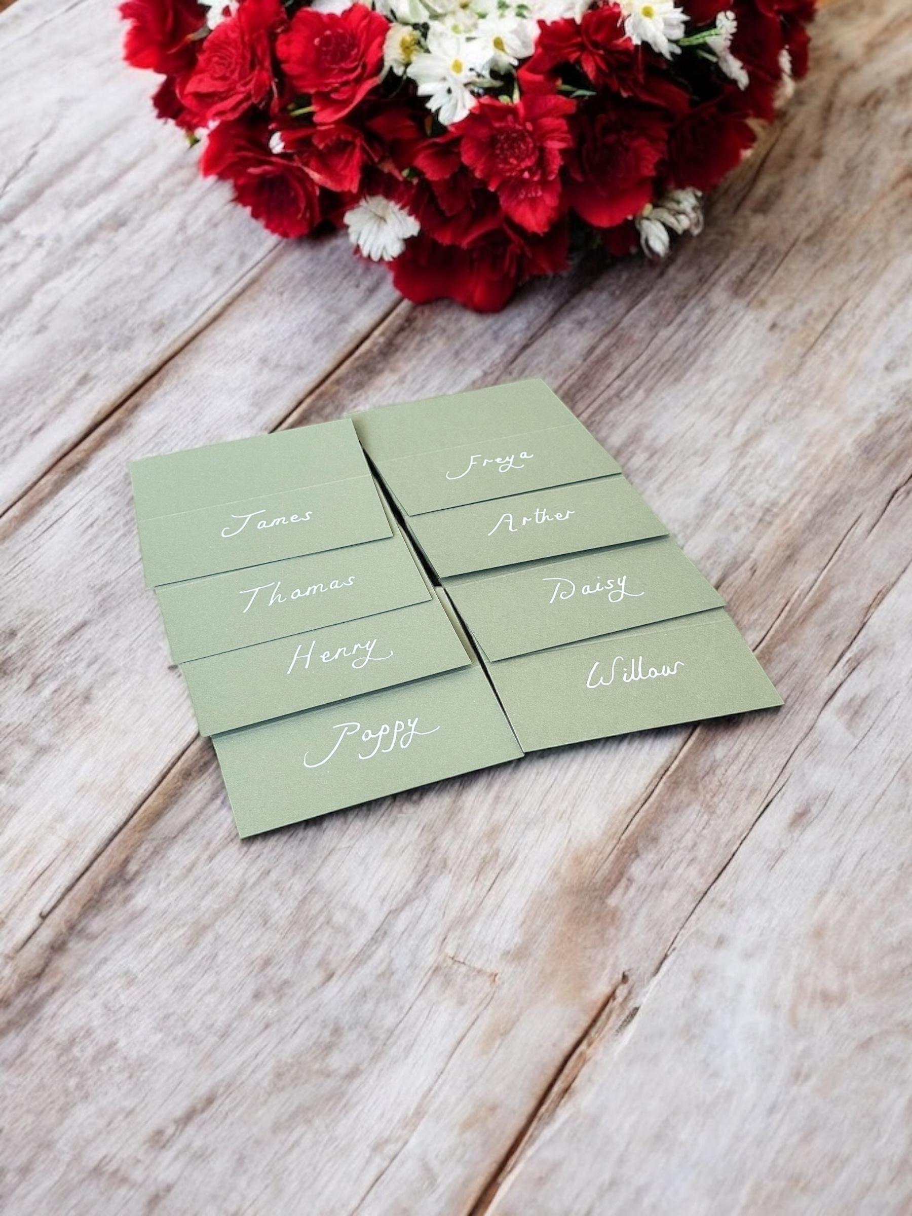Handwritten Sage Green Wedding Place Cards: White Ink Cursive - Etsy